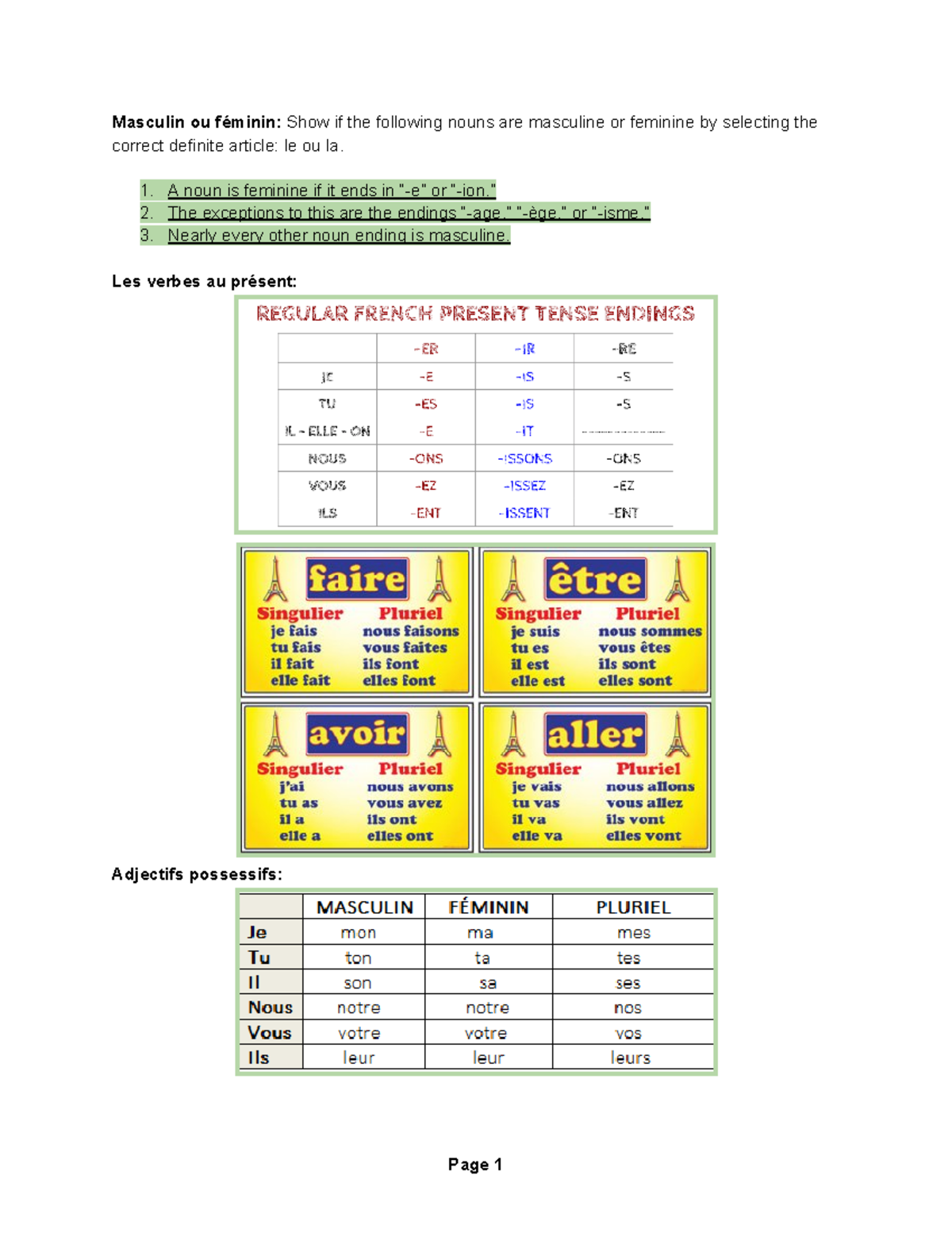 French 1501 Review - Test 1 - 2 - Masculin ou féminin: Show if the ...
