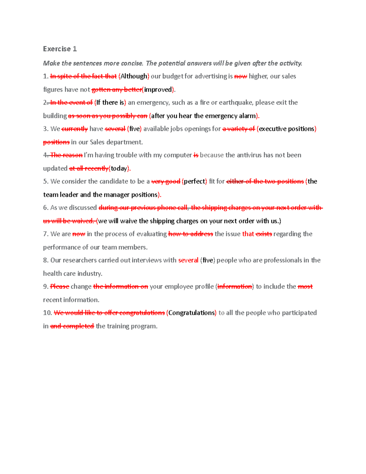 Exercises workplace writing w3 - Exercise 1 Make the sentences more ...