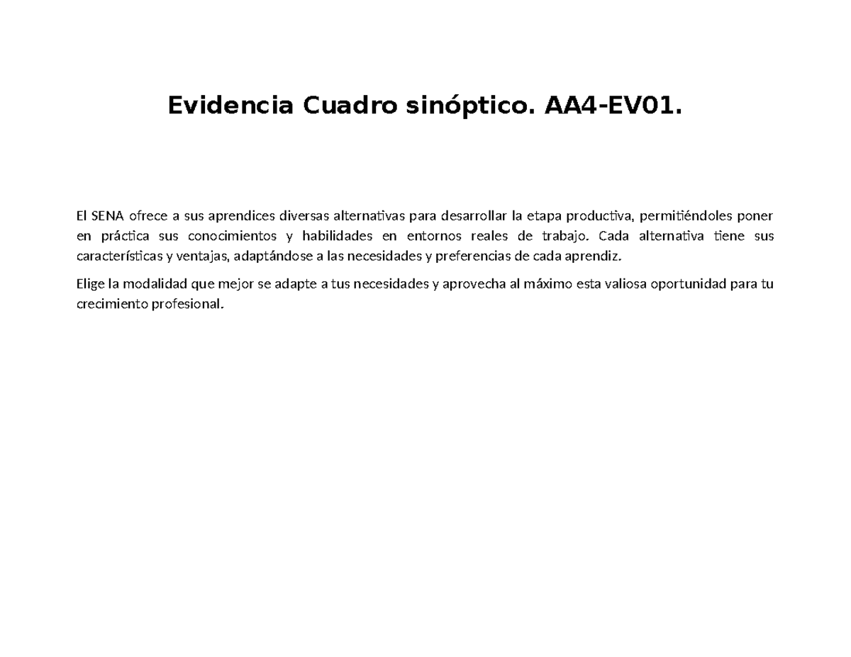 Evidencia Cuadro sinóptico AA4-EV01 - Evidencia Cuadro sinóptico. AA4-EV01. El SENA ofrece a sus ...