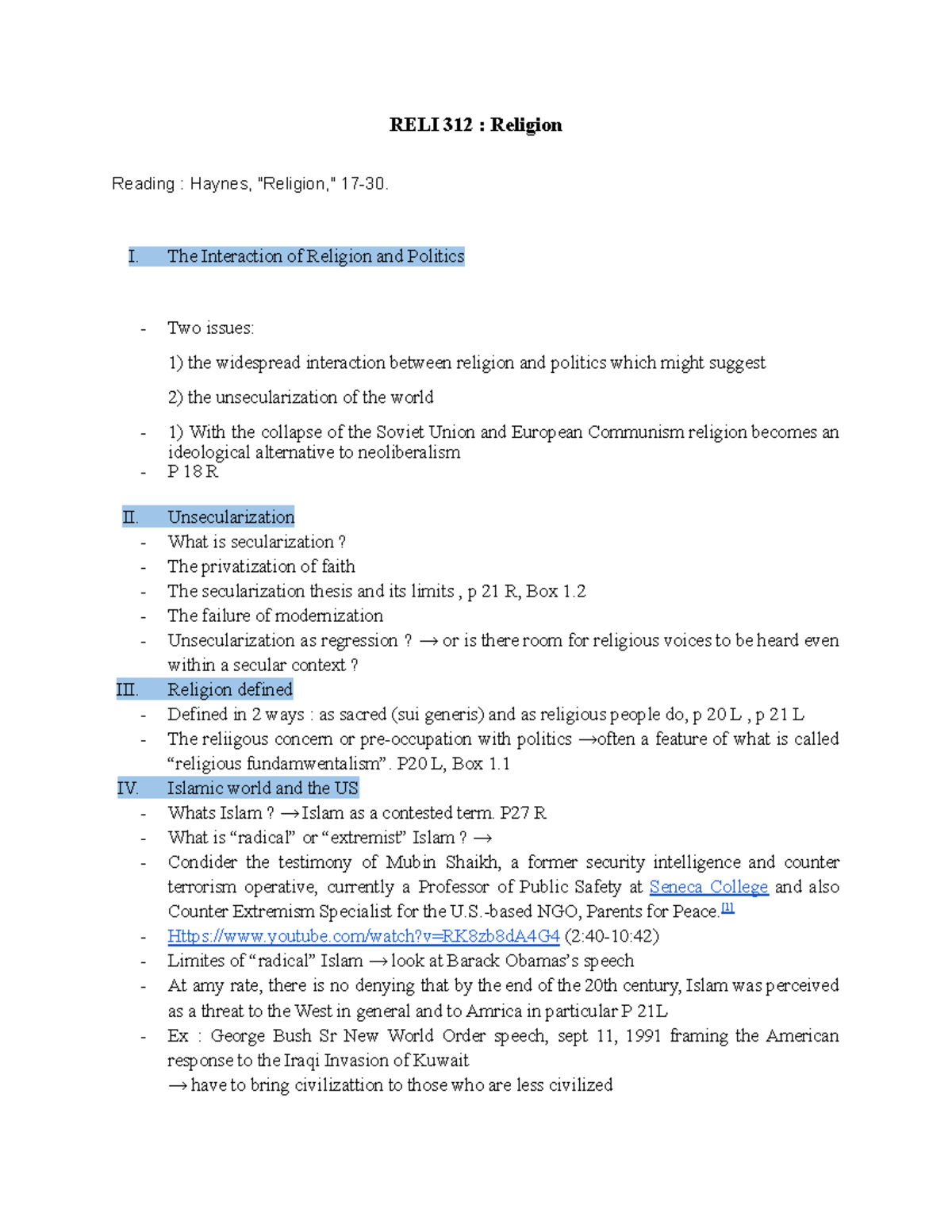 Class 11 Religion - RELI 312 : Religion Reading : Haynes, "Religion ...