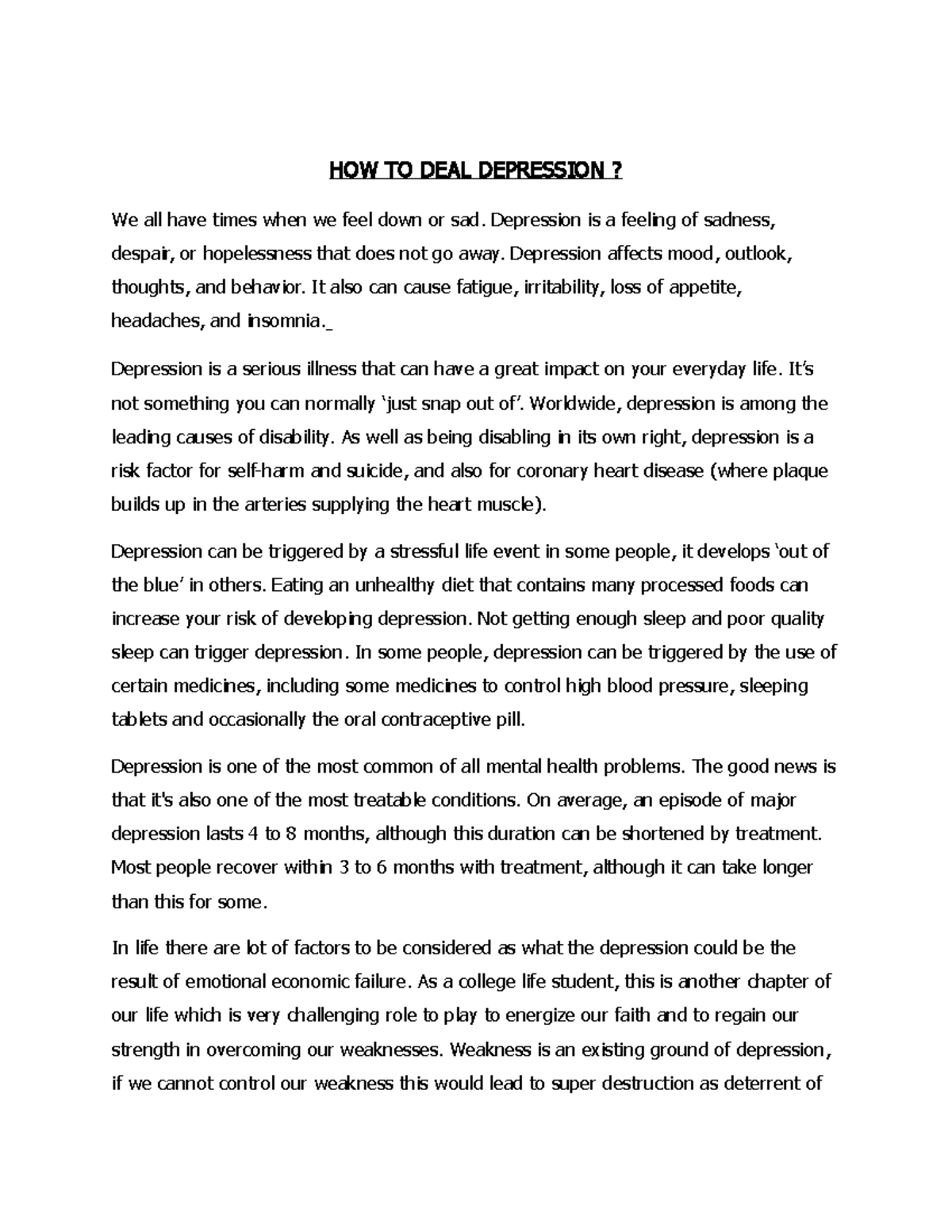 HOW TO DEAL Depression - This document was uploaded to this course - HOW TO DEAL DEPRESSION? We ...