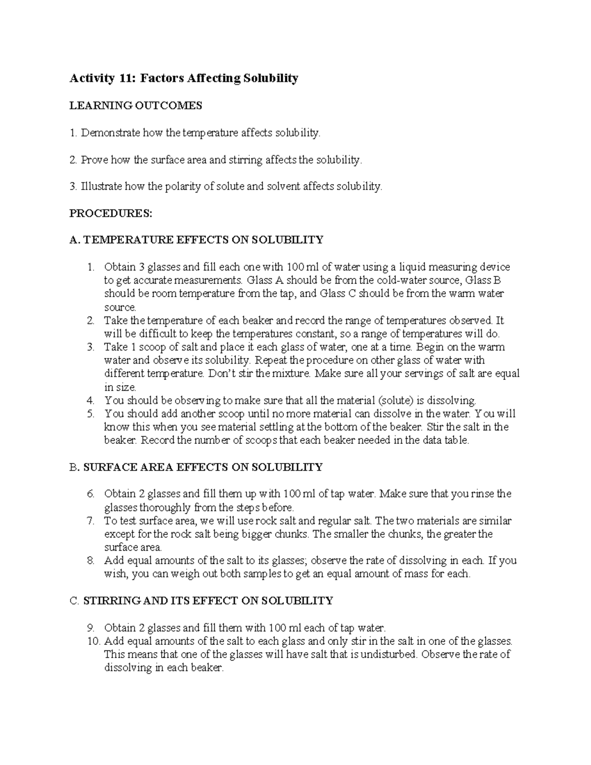 Activity - Factors Affecting Solubility - Gadi - Activity 11: Factors ...