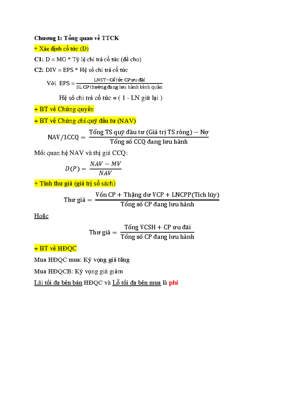 Các dạng BT TTCK - day la file de hoc bai - Chương 1: Tổng quan về TTCK Xác định cổ tức (D) C1 ...
