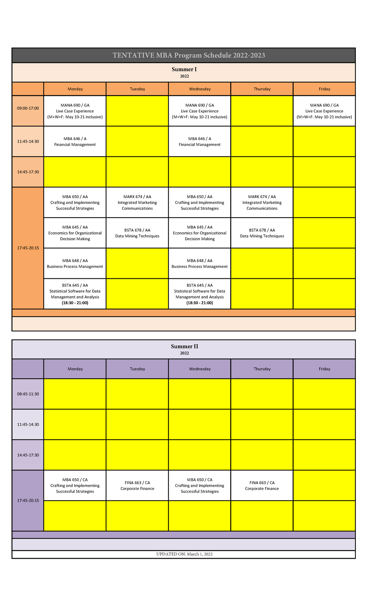 Tentative MBA Program Schedule 2022-2023 March 1st 2022 - MBA 501 ...