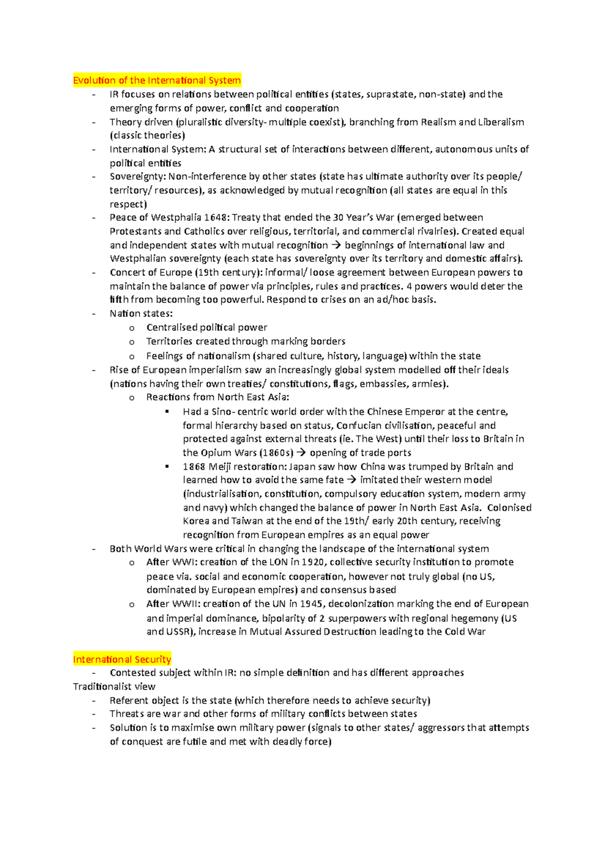 IR Notes for Exam - Evolution of the International System - IR focuses ...