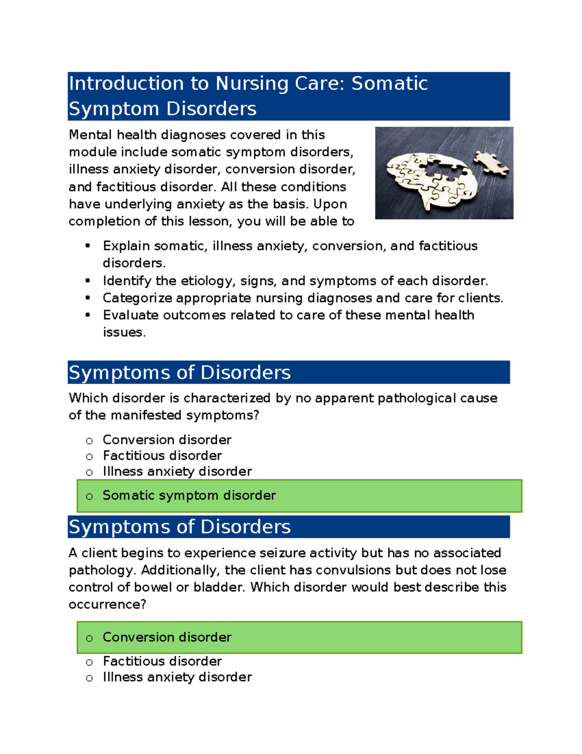 Week 3 Edapt- Somatic Symptom Disorder - Introduction to Nursing Care ...