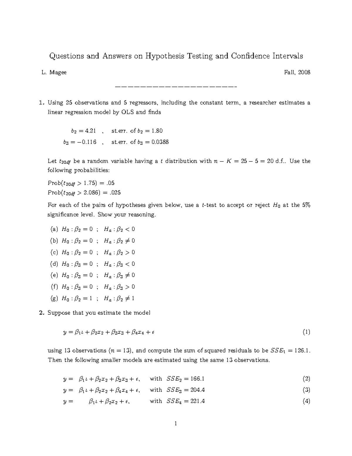Hyp Testing And Conf Ints Questions And Answers On Hypothesis Testing And Confidence Intervals