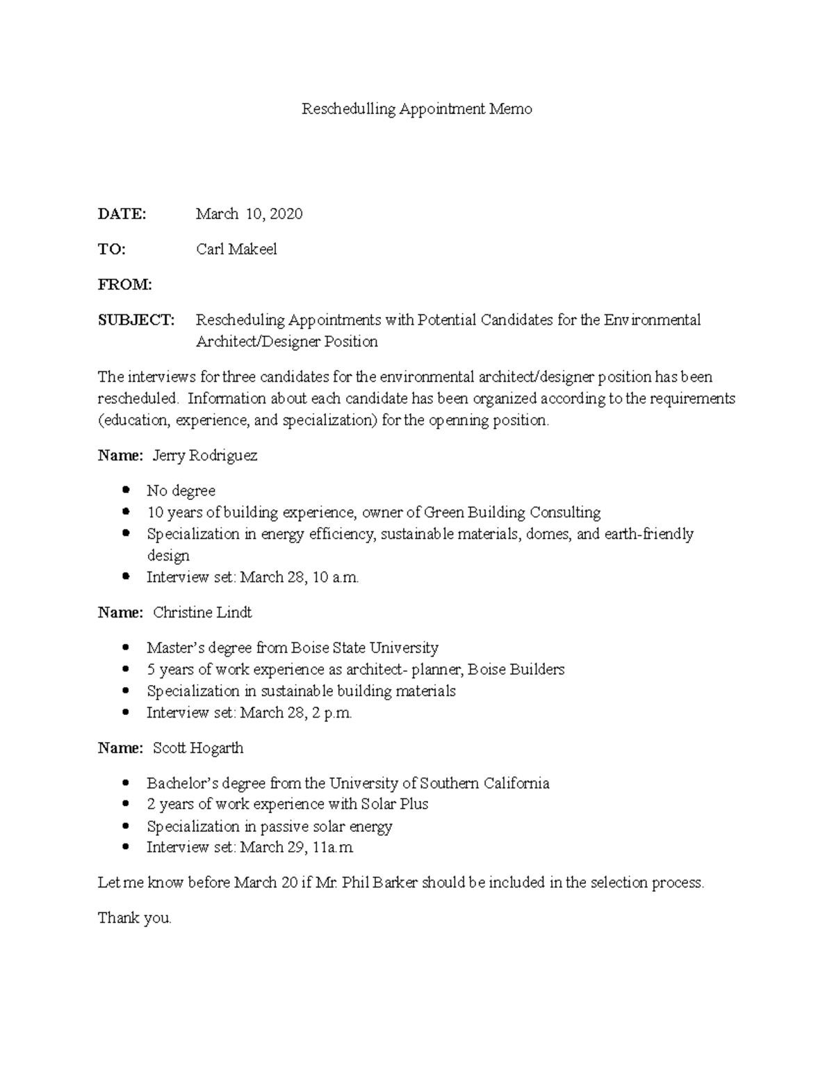 Memo business communication - Reschedulling Appointment Memo DATE ...
