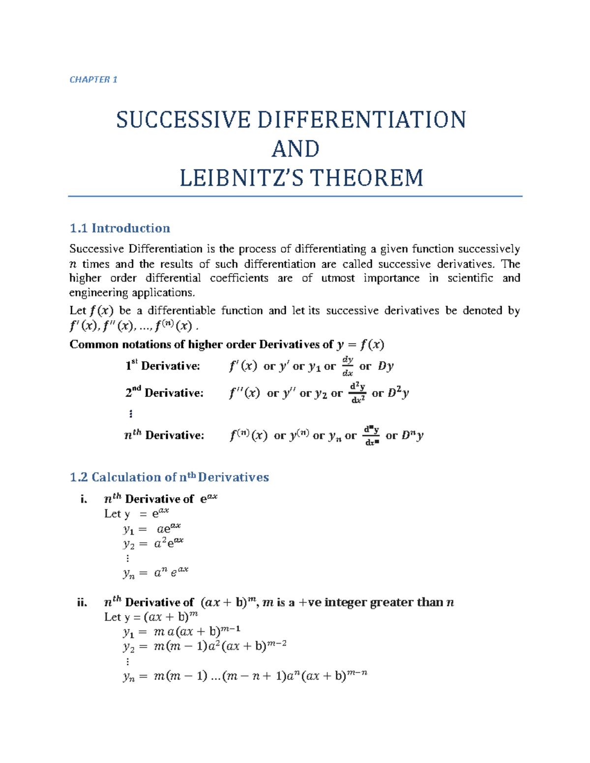Chapter 1 Successive Differentiation - CHAPTER 1 SUCCESSIVE ...
