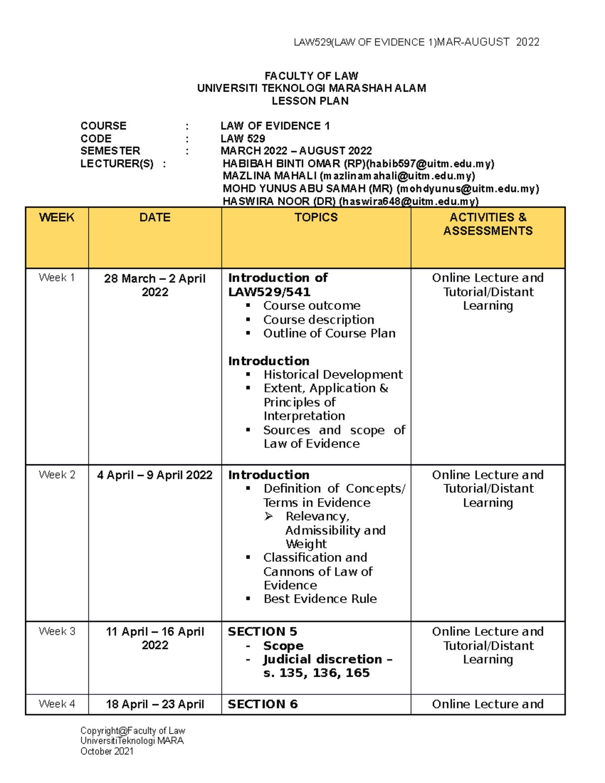 LAW529- Lesson PLAN (March 2022-July2022) - FACULTY OF LAW UNIVERSITI ...