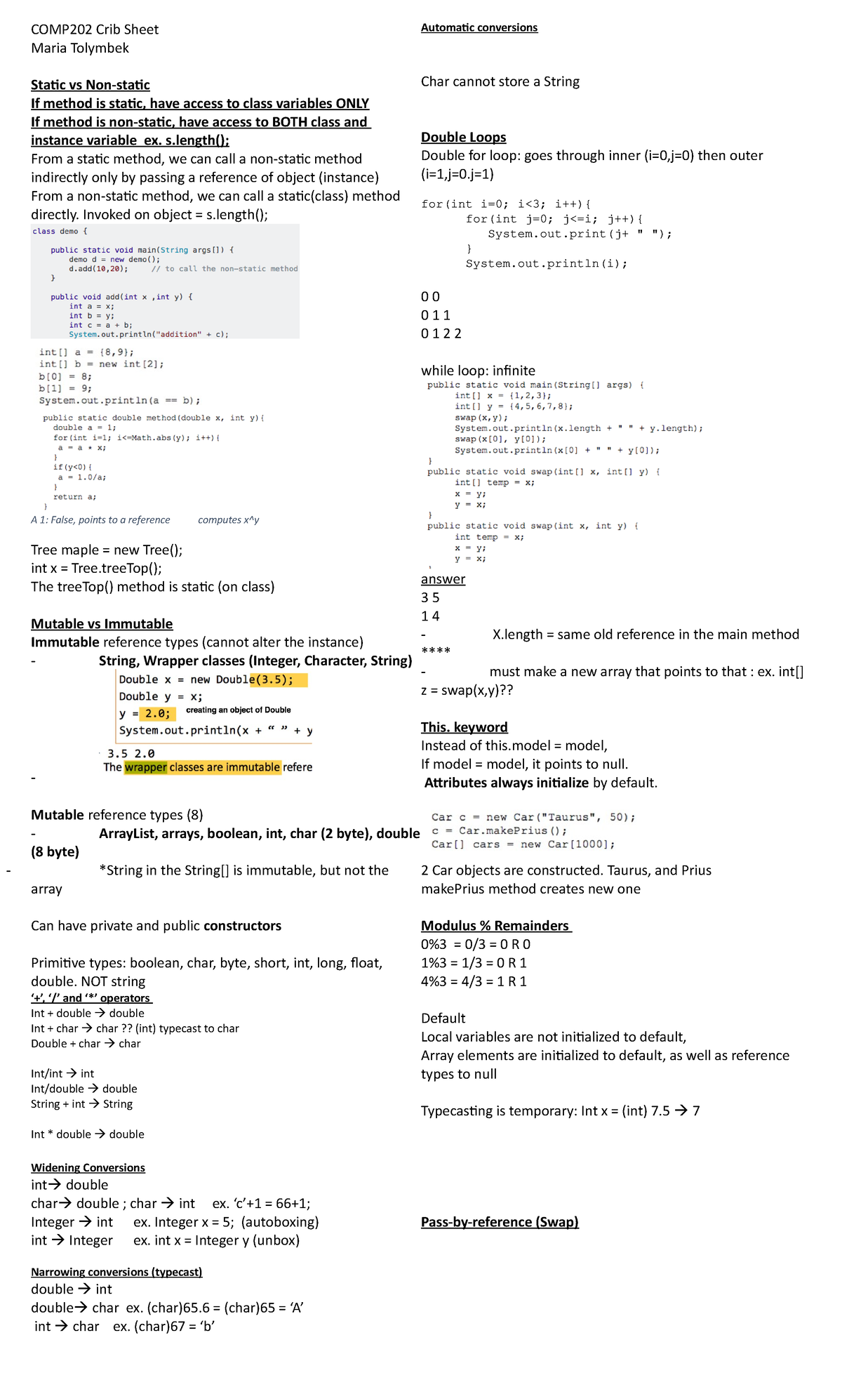 COMP202 Crib Sheet - From a static method, we can call a method ...