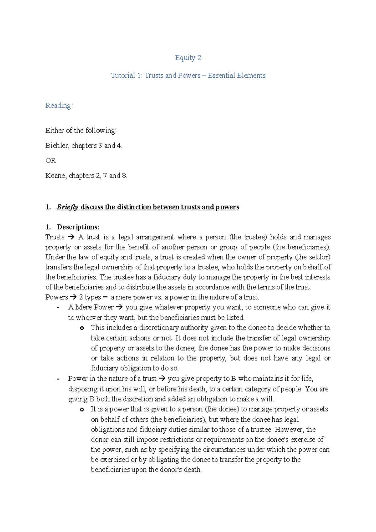 Mixed PQ - Trusts and Powers - Equity 2 Tutorial 1: Trusts and Powers – Essential Elements ...