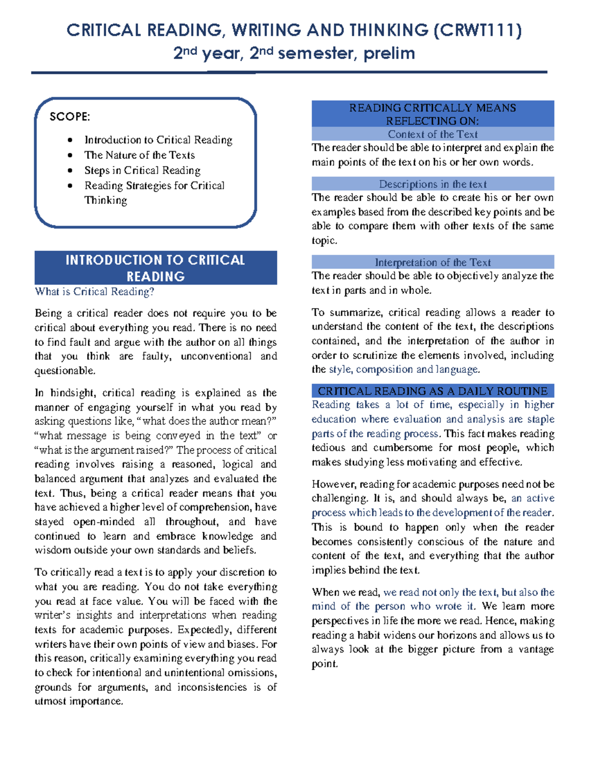 CRWT111 Prelim - notes - INTRODUCTION TO CRITICAL READING What is ...