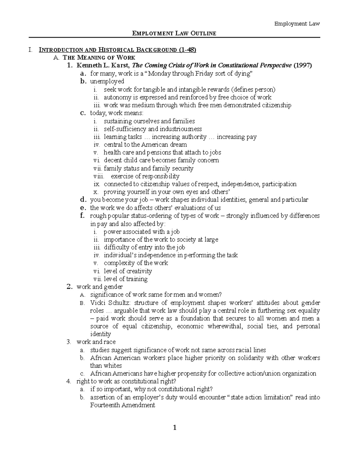 Emp Law - Employment Law - Employment Law EMPLOYMENT LAW OUTLINE I ...
