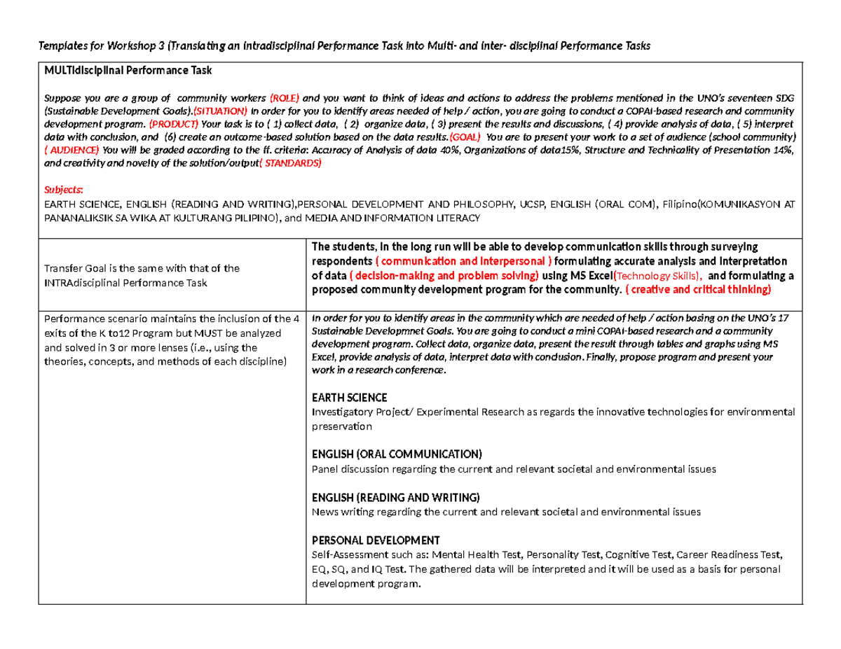 Sample Multi-Inter Disciplinal Performance Task - Templates for ...