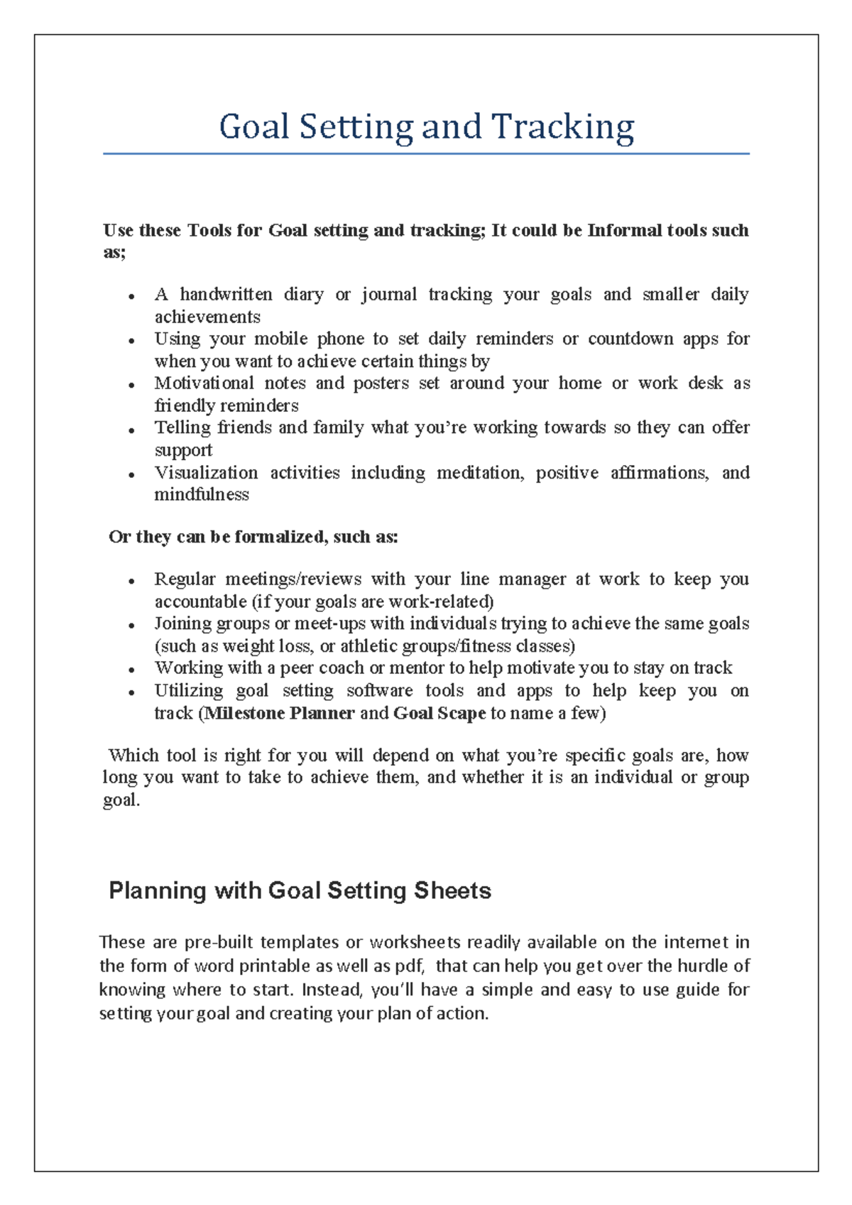Goal Setting and tracking - Planning with Goal Setting Sheets These are ...