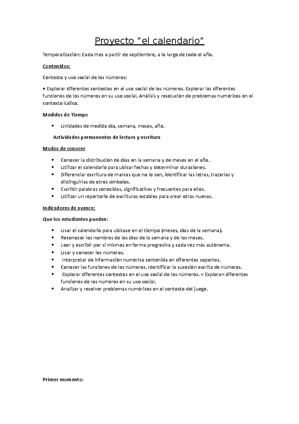 Proyecto EL Calendario - Proyecto “el calendario” Temporalización: Cada ...