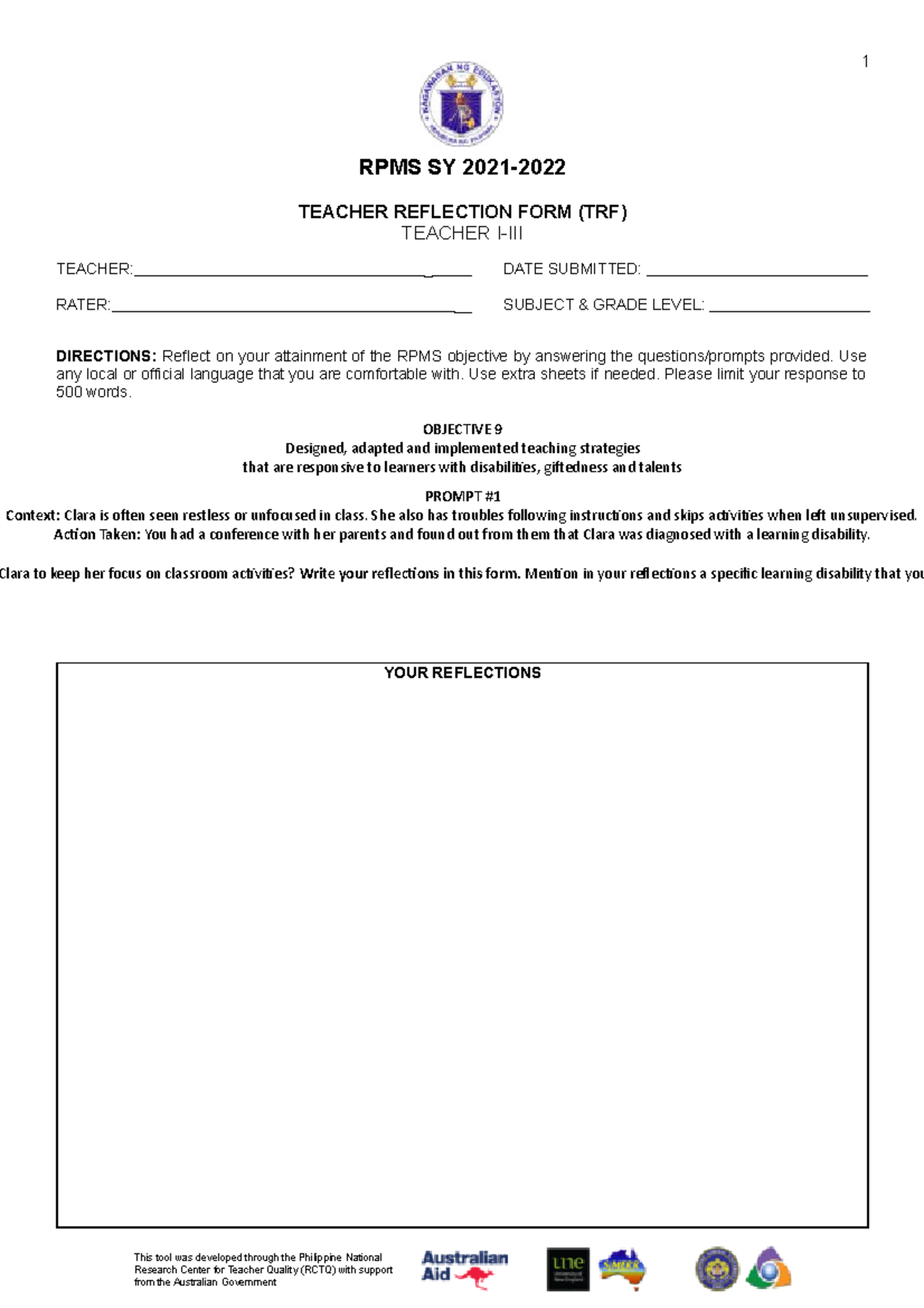 Appendix 4A Teacher Reflection Form for T I III for RPMS SY 2021 2022 ...