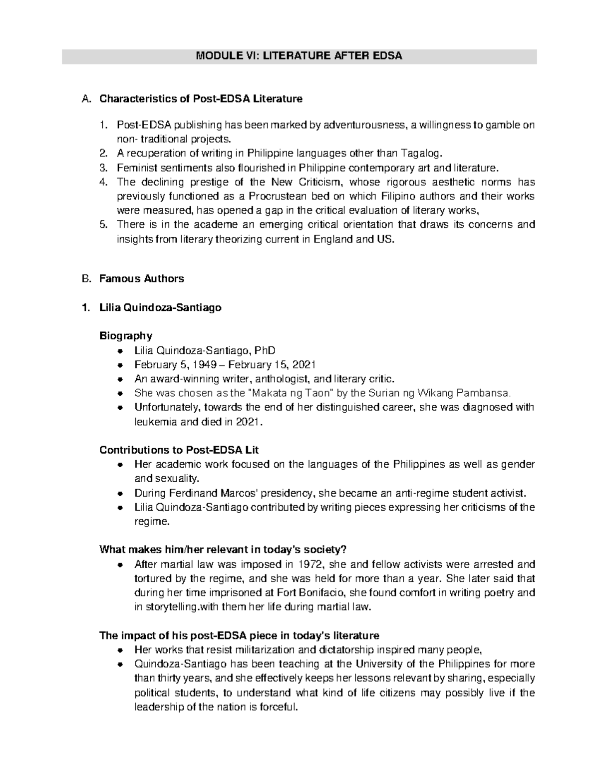 Module 6 Post EDSA Literature - MODULE VI: LITERATURE AFTER EDSA A ...