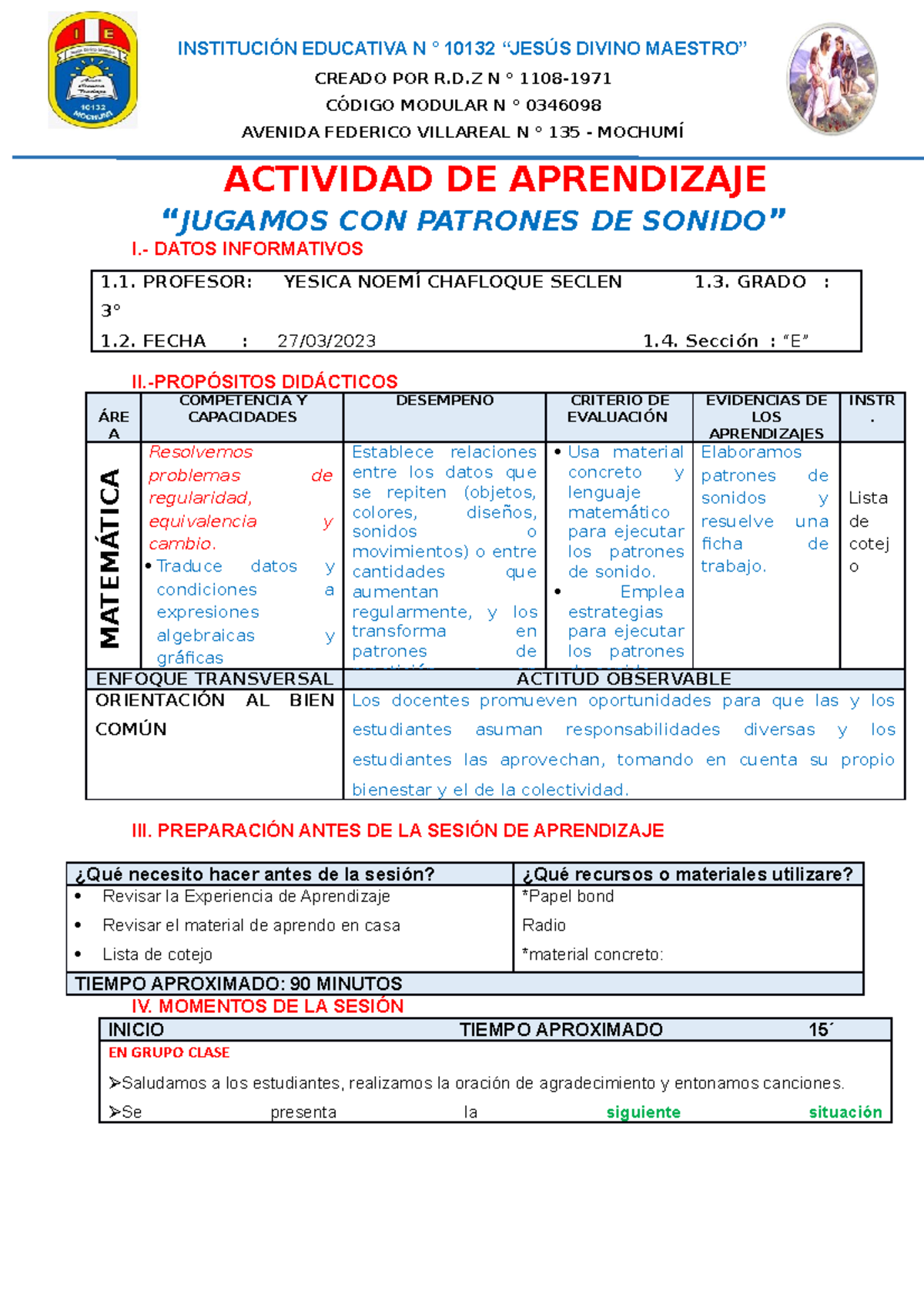 Actividad Patrones DE Sonido - ACTIVIDAD DE APRENDIZAJE “JUGAMOS CON ...