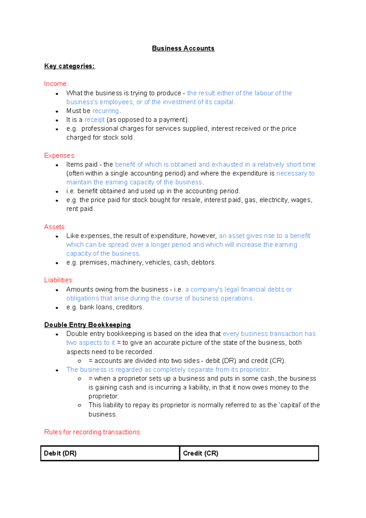 Notes for Business Accounts - Business Accounts Key categories: Income ...