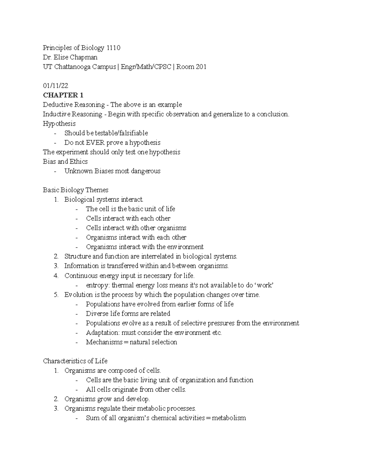 Biology Notes - Principles of Biology 1110 Dr. Elise Chapman UT ...