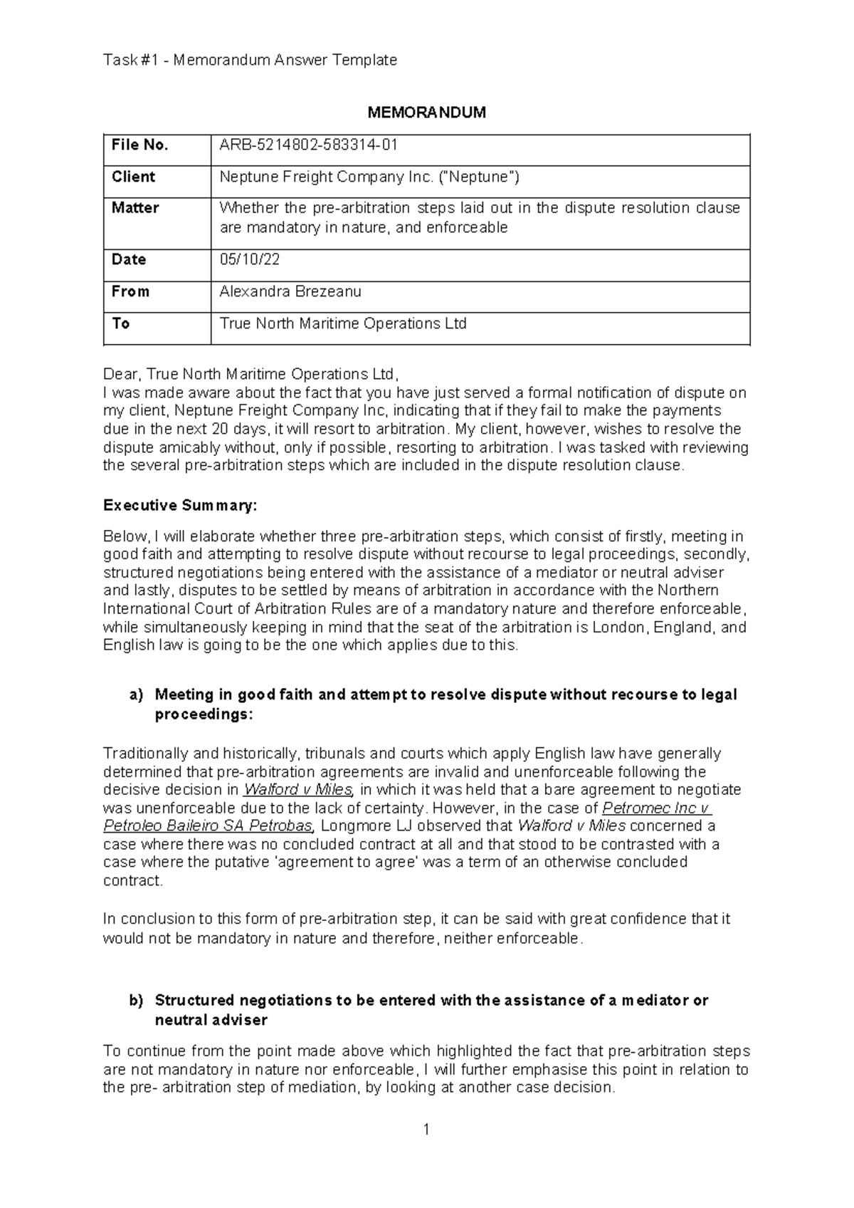 Arbitration task 2 memo - Task #1 - Memorandum Answer Template ...