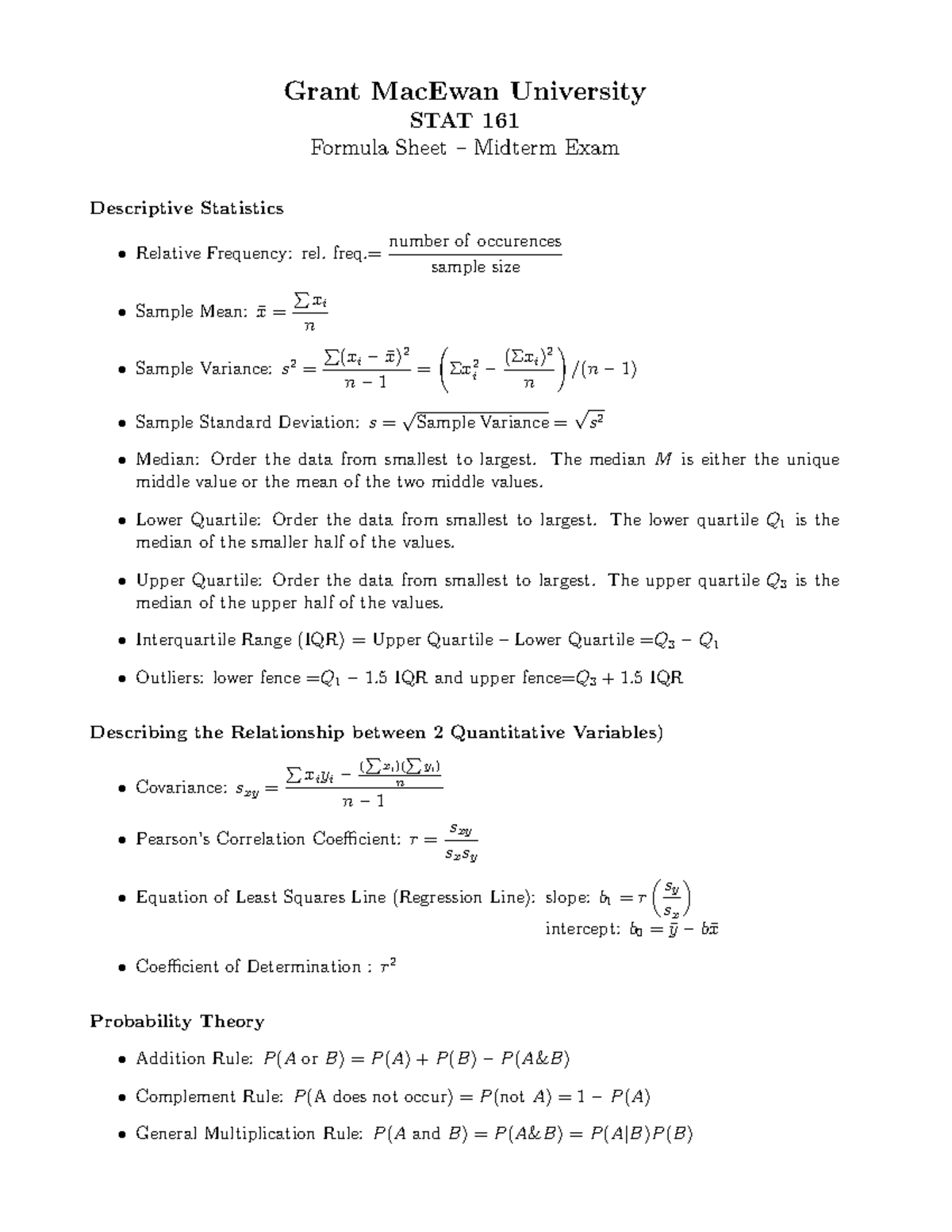 Formula(s) midterm and final - Grant MacEwan University STAT 161 Formula Sheet – Midterm Exam ...