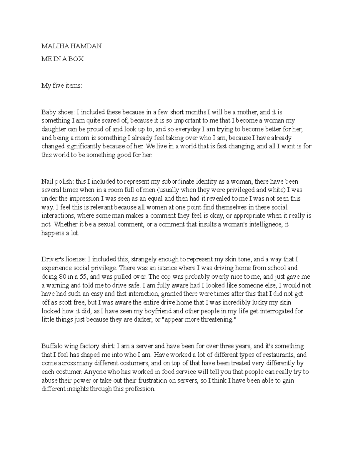 Me in a box assignment - MALIHA HAMDAN ME IN A BOX My five items: Ba ...