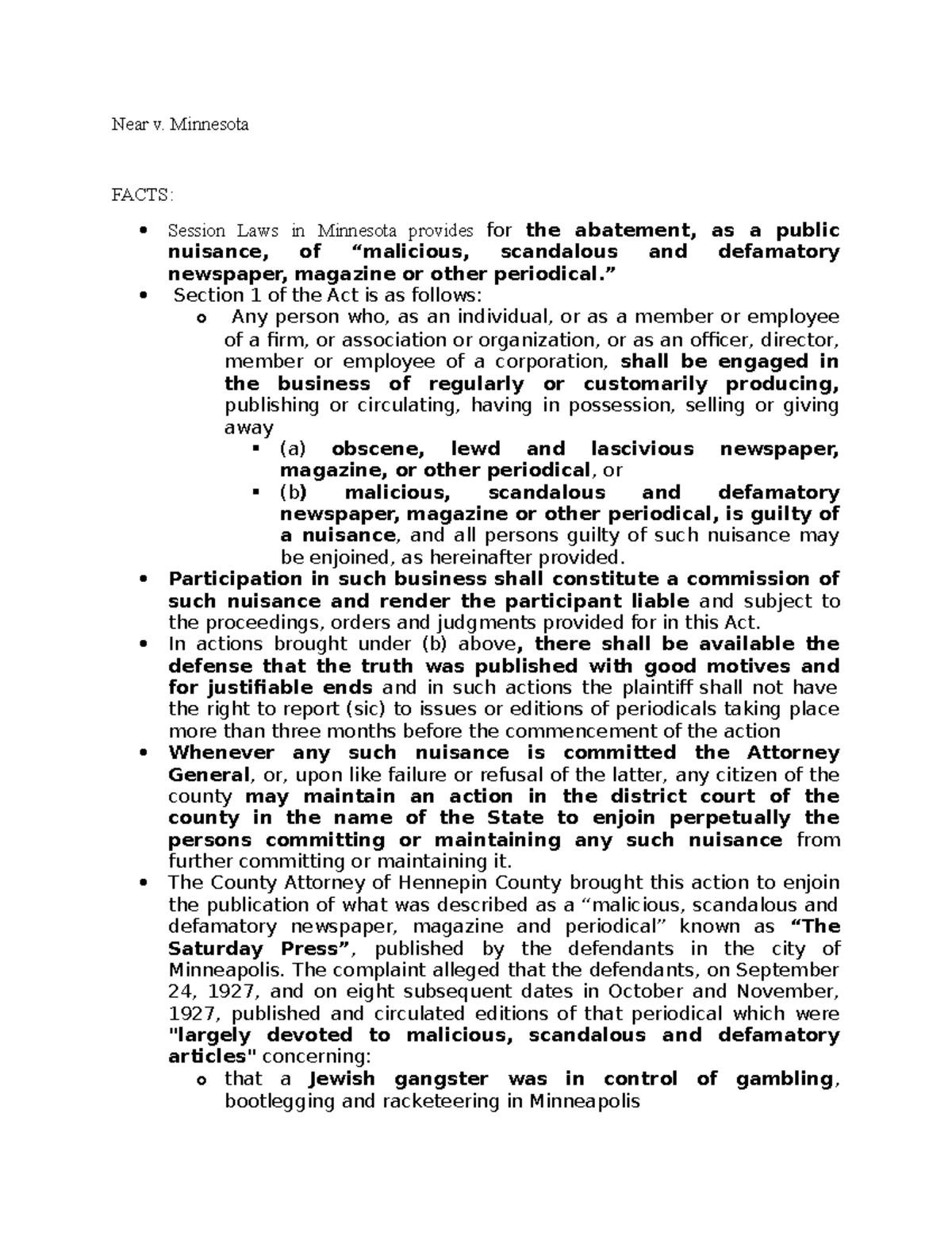 1 Near v Minnesota - Case digest - Near v. Minnesota FACTS: Session ...