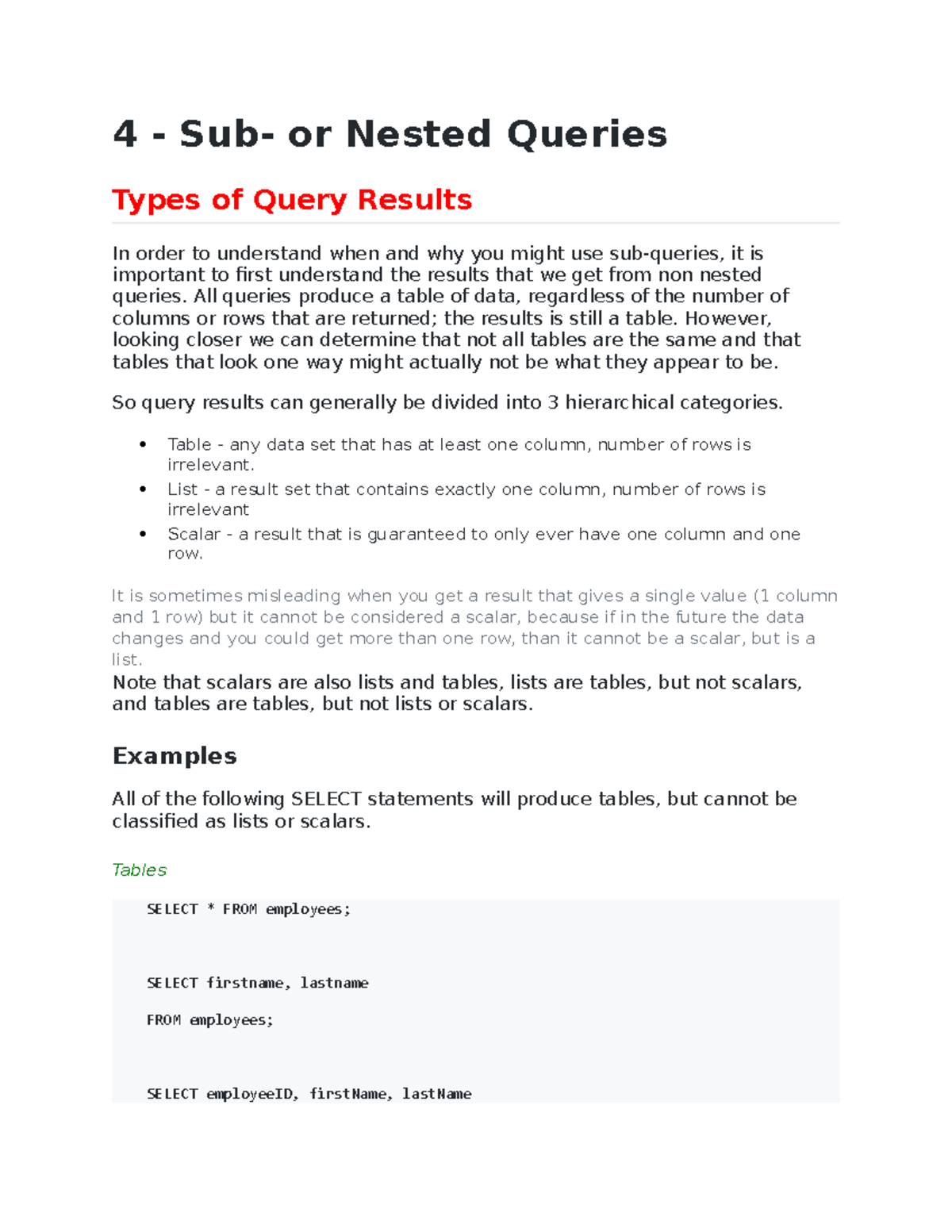 DBS 311 Week 4 Notes - 4 - Sub- or Nested Queries Types of Query ...
