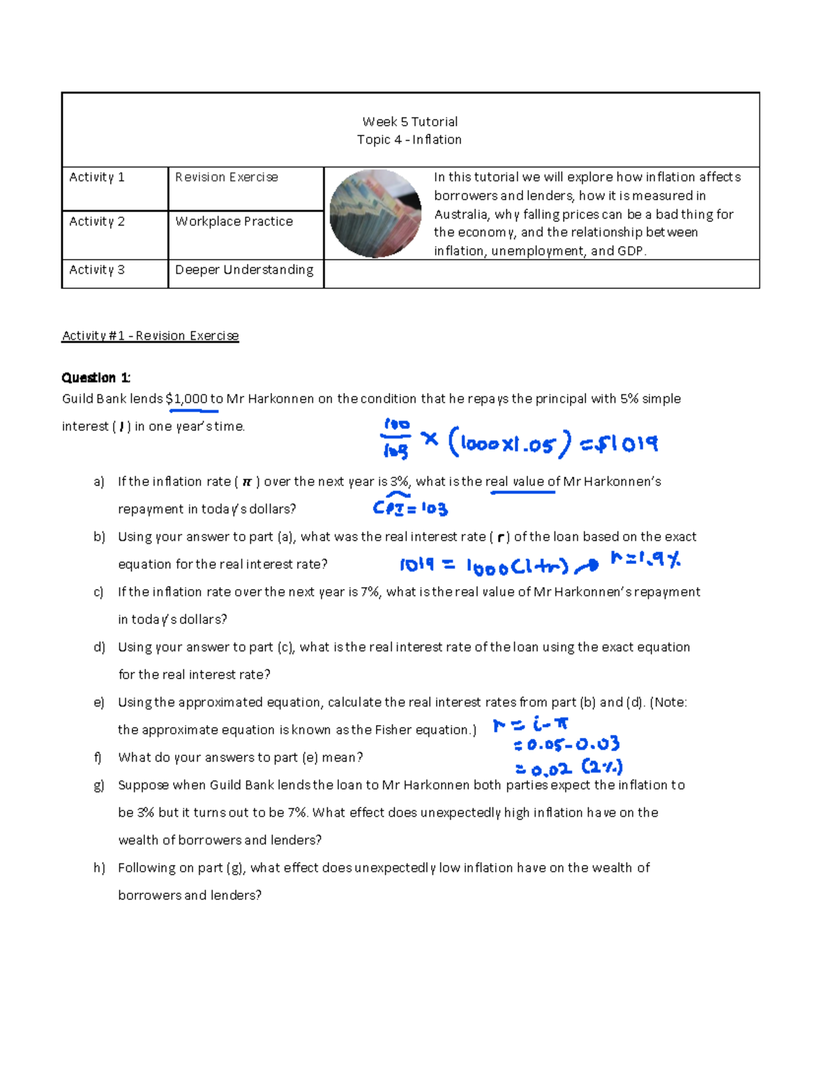 Topic 4 Inflation - Questions - Week 5 Tutorial Topic 4 - Inflation Activity 1 Revision Exercise ...