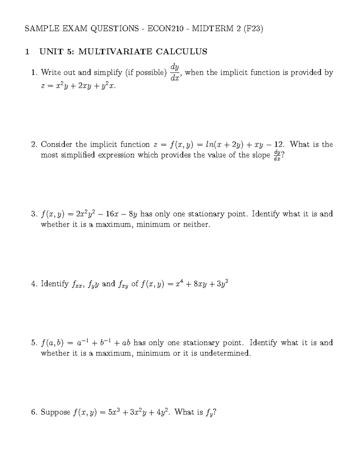 Additional Midterm 2 Questions Practice - SAMPLE EXAM QUESTIONS - ECON210 - MIDTERM 2 (F23) 1 ...