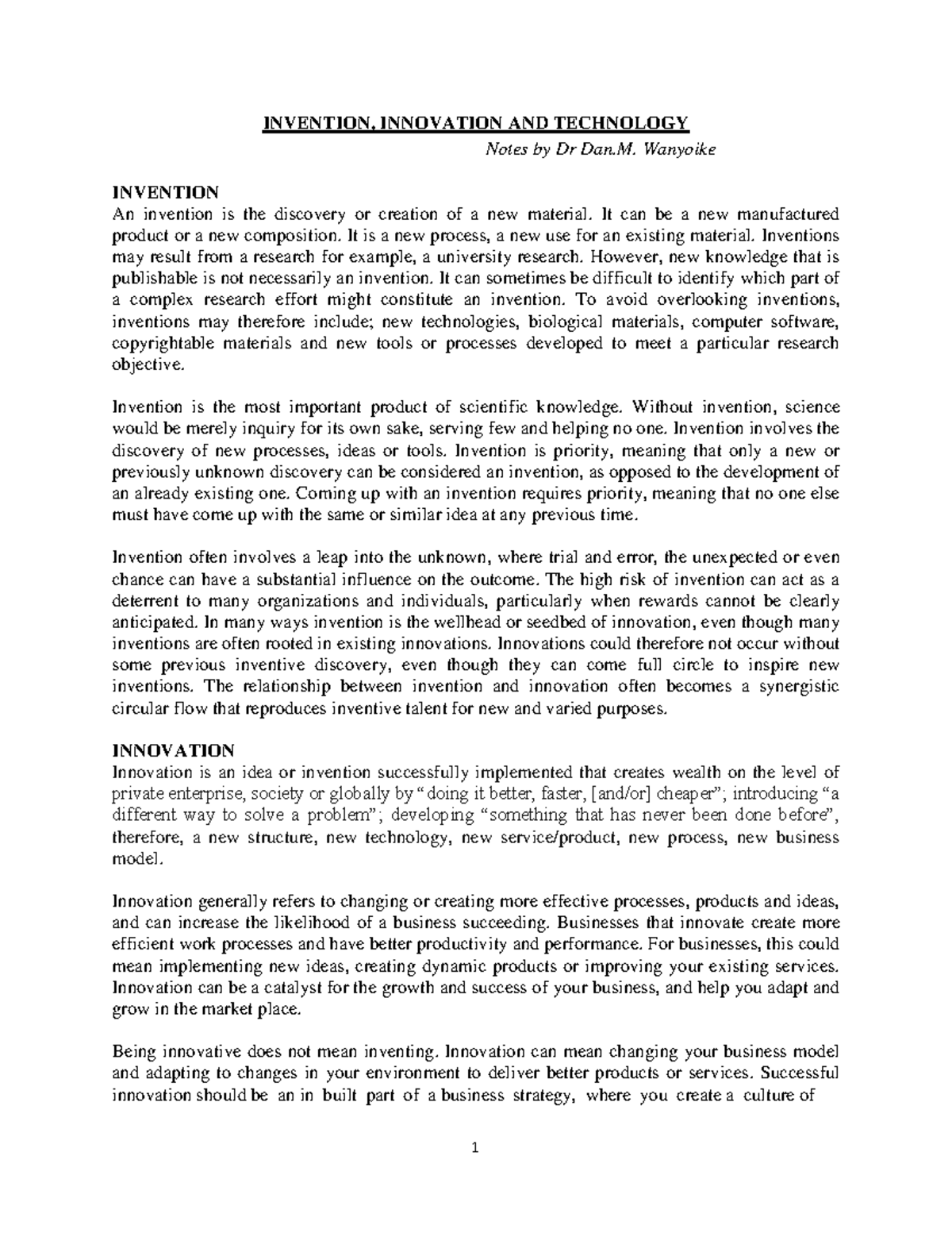 Innovation Notes 2023 - INVENTION, INNOVATION AND TECHNOLOGY Notes by ...