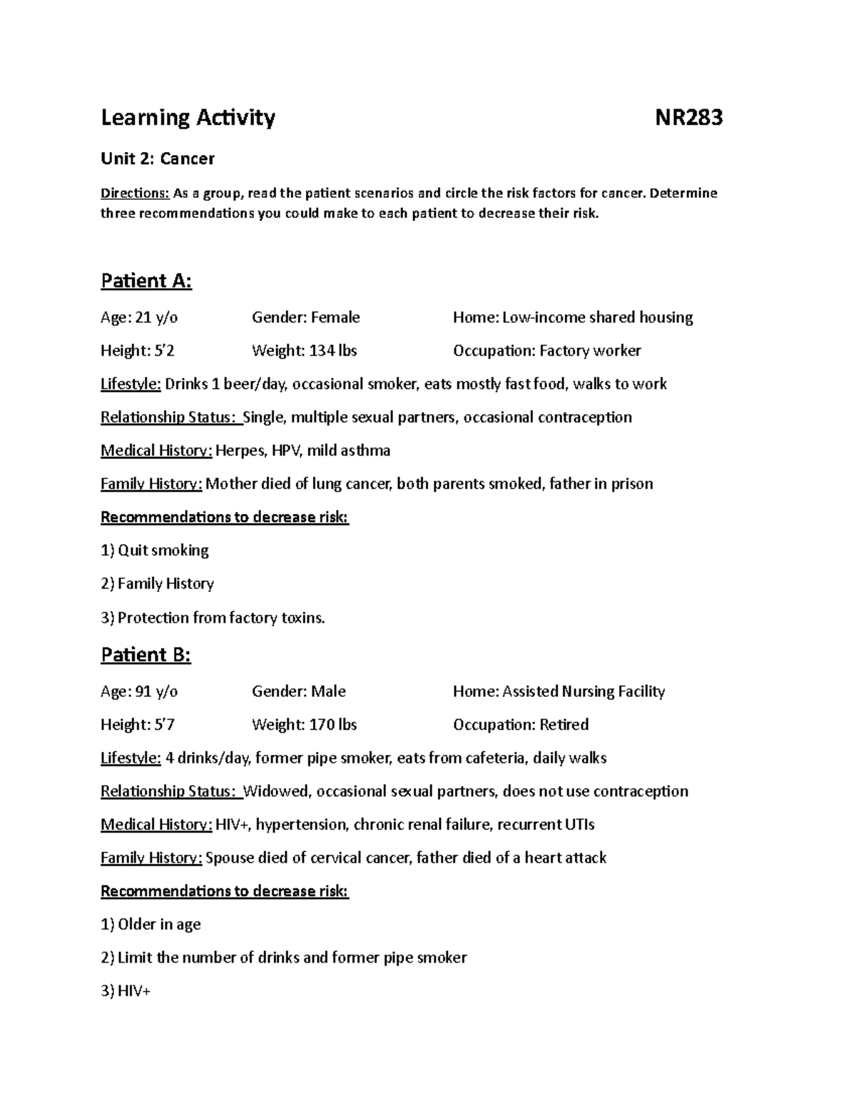 Activity Unit 2 Cancer - Learning Activity NR Unit 2: Cancer Directions ...