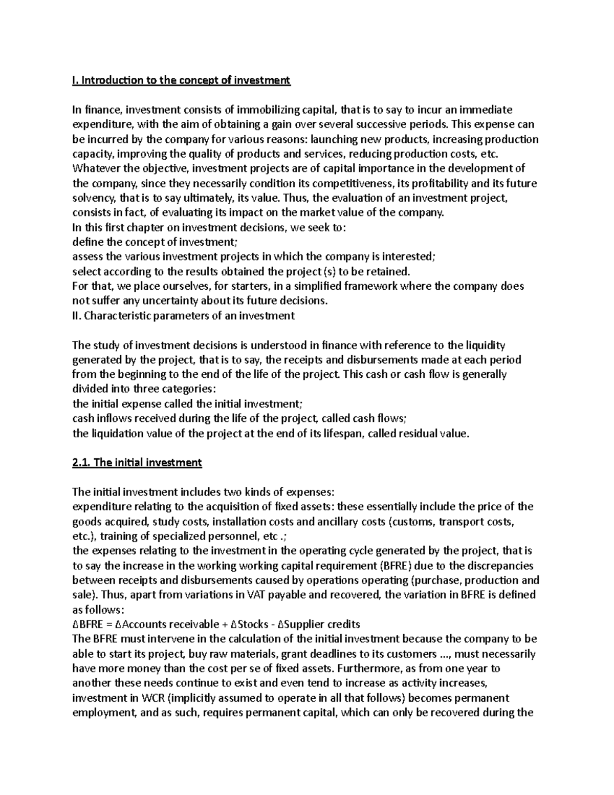 Finance - the concept of investment - I. Introduction to the concept of ...