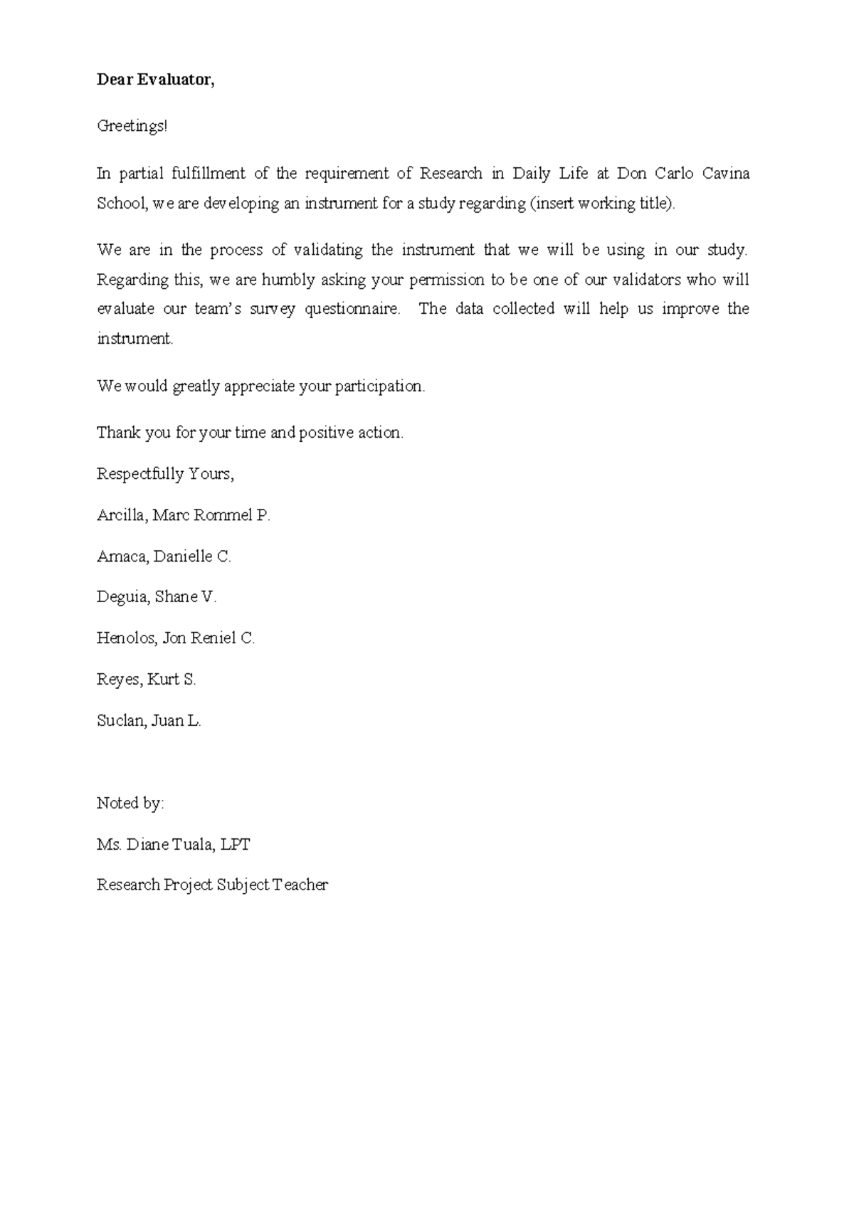 G3 Template-FOR- Validation- Questions - Dear Evaluator, Greetings! In ...