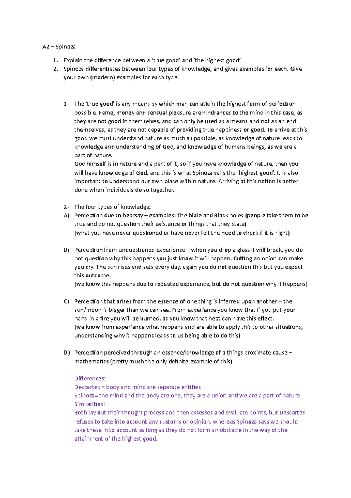 Reading Philo A2-Exam Notes (Spinoza) - A2 – Spinoza Explain the ...