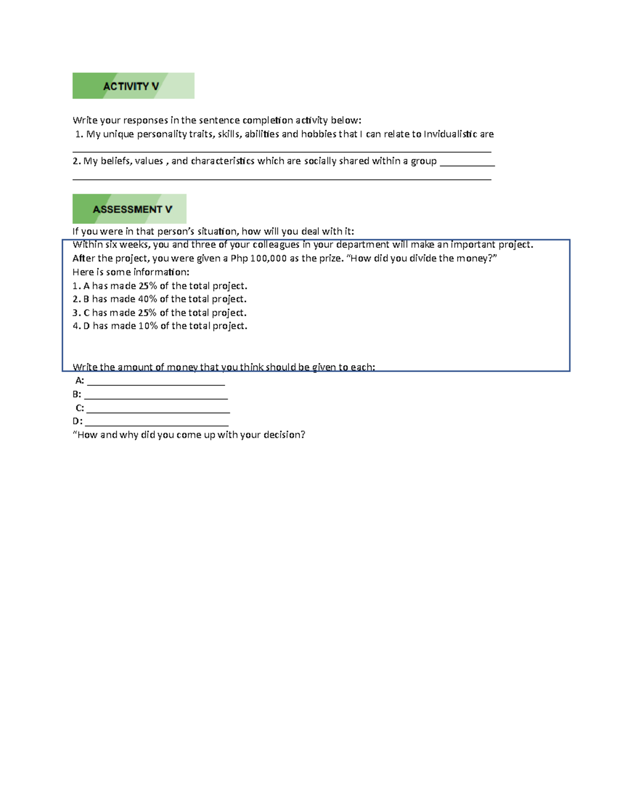 UTS Activity and Assessment 5 - Write your responses in the sentence completion activity below ...