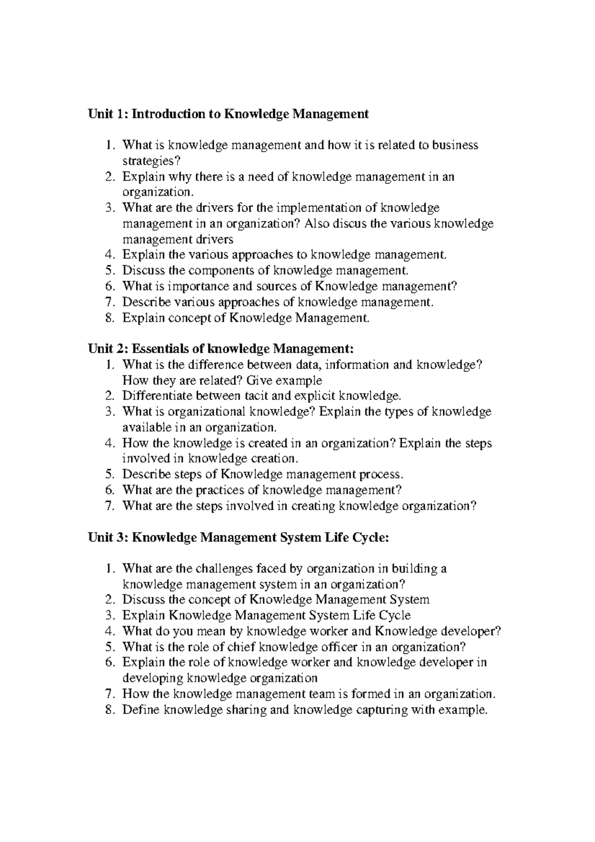 Question Bank of Knowledge Management Learning Organisations by RF MBA ...