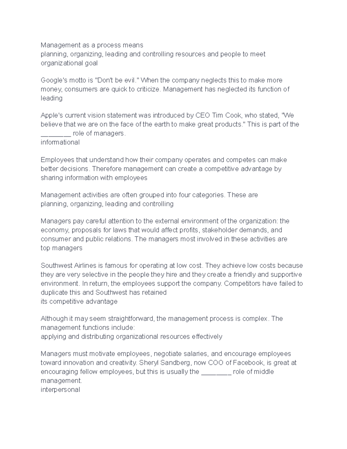 Business Management Chapter 1 Quiz - Management as a process means ...