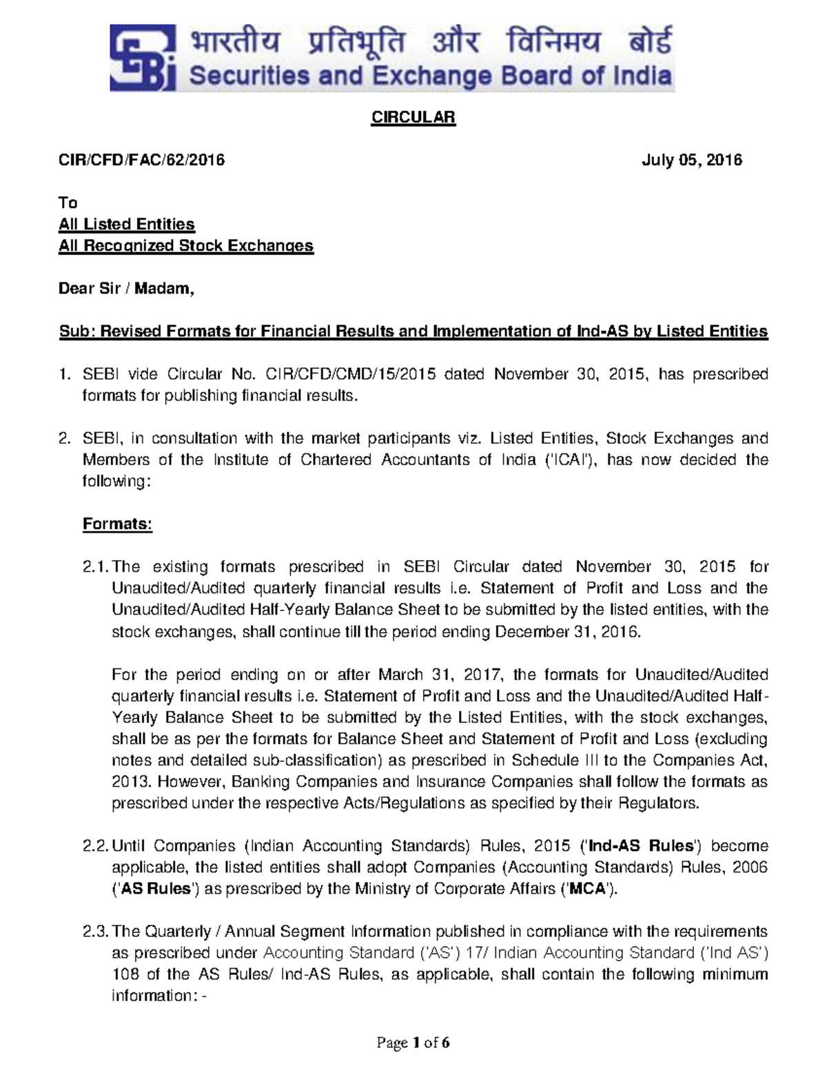 Revised Formats for Financial Results and Implementation of Ind-AS by ...