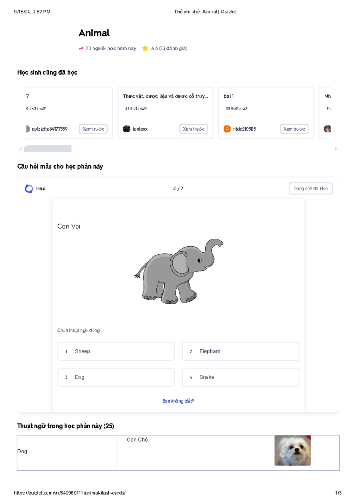 Thẻ ghi nhớ Animal Quizlet - Animal 70 người học hôm nay 4 (13 đánh giá ...