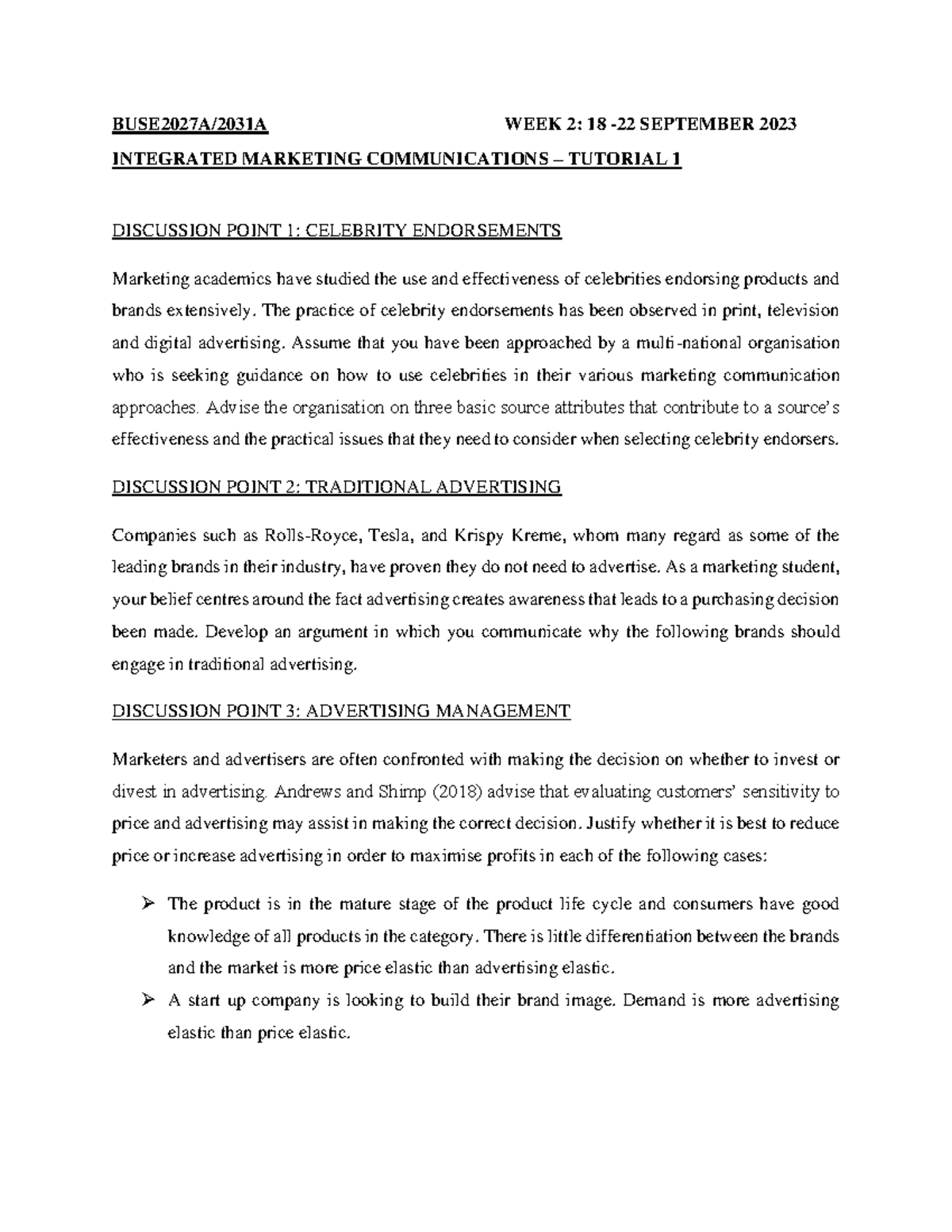 Marketing 2B Tutorial 1 - BUSE2027A/2031A WEEK 2 : 1 8 - 22 SEPTEMBER ...