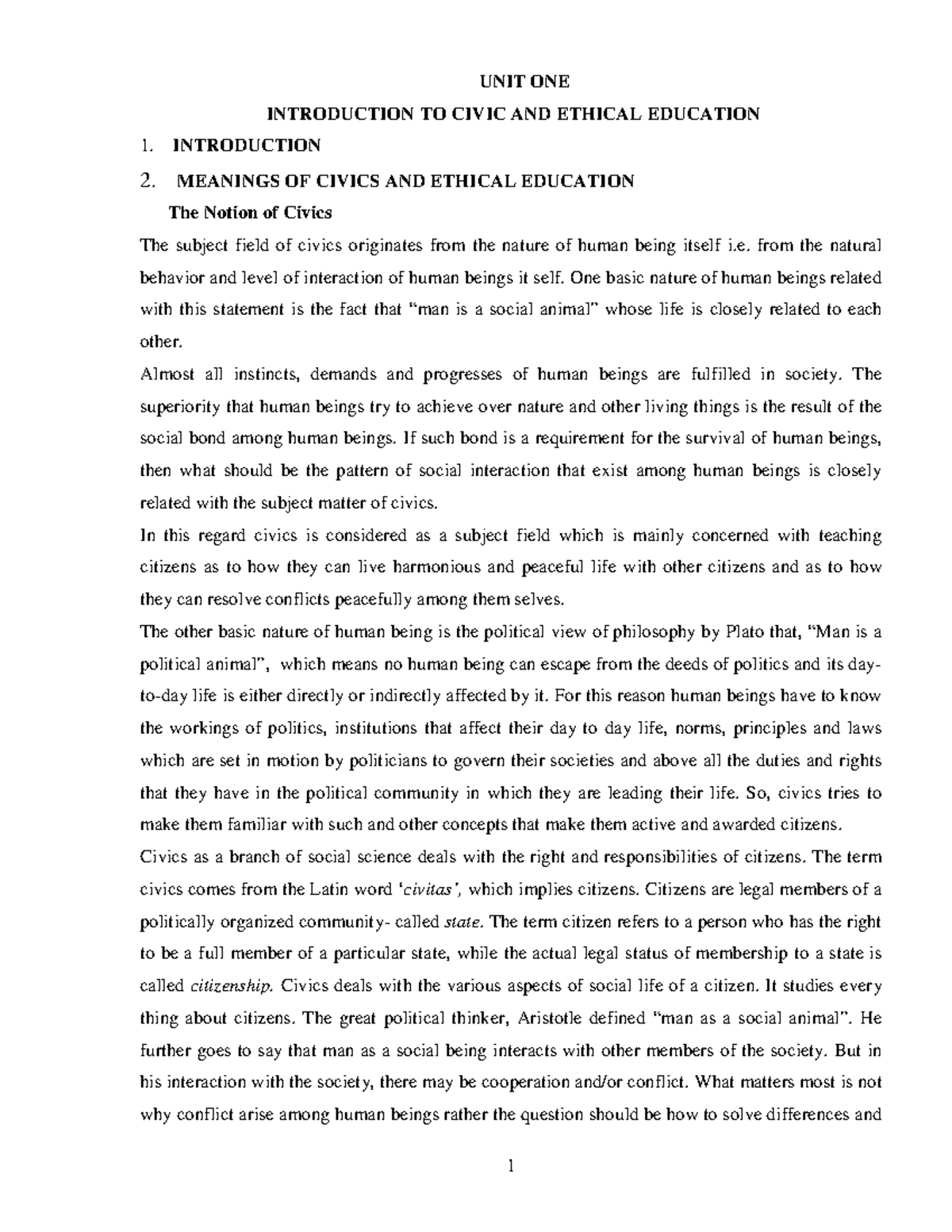 Civics AND Ethics Notes-1 - UNIT ONE INTRODUCTION TO CIVIC AND ETHICAL ...