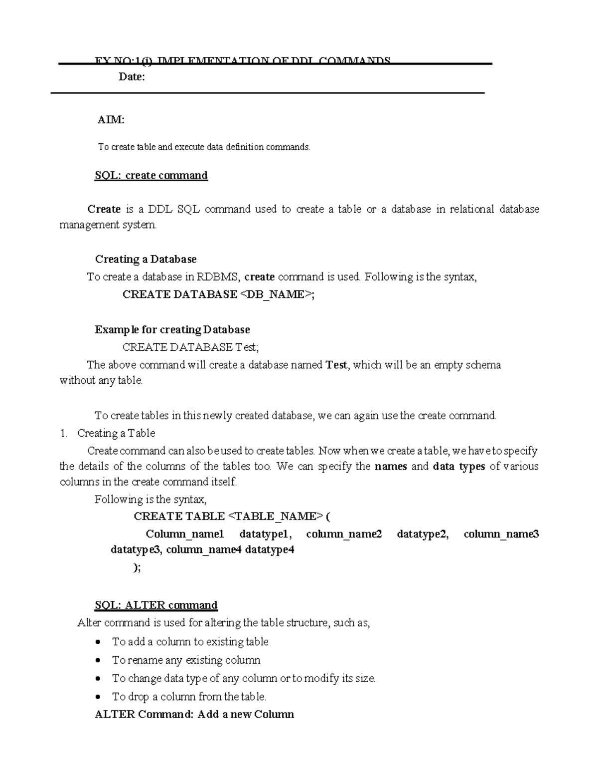 DBMS - Record - 4th Semester CSE NOTES - EX .NO:1(i) IMPL EMENTATION OF ...