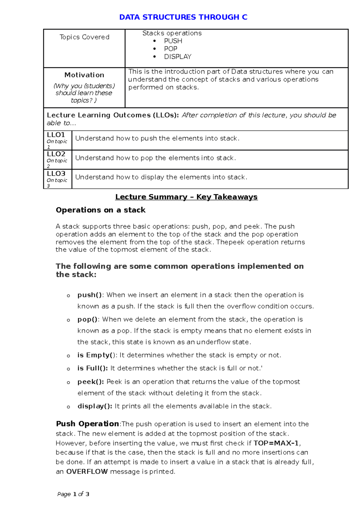 Stacks operations - DATA STRUCTURES THROUGH C Topics Covered Stacks operations PUSH POP - Studocu