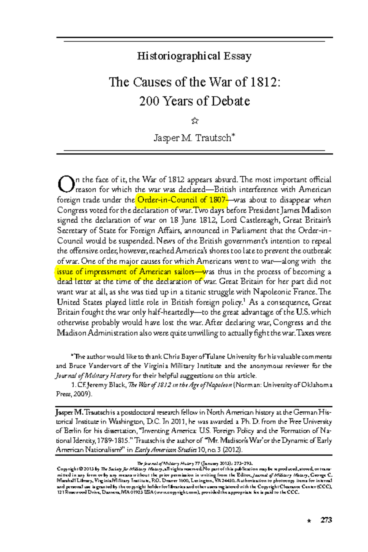 Causes of 1812 War - Historiographical Essay The Causes of the War of ...