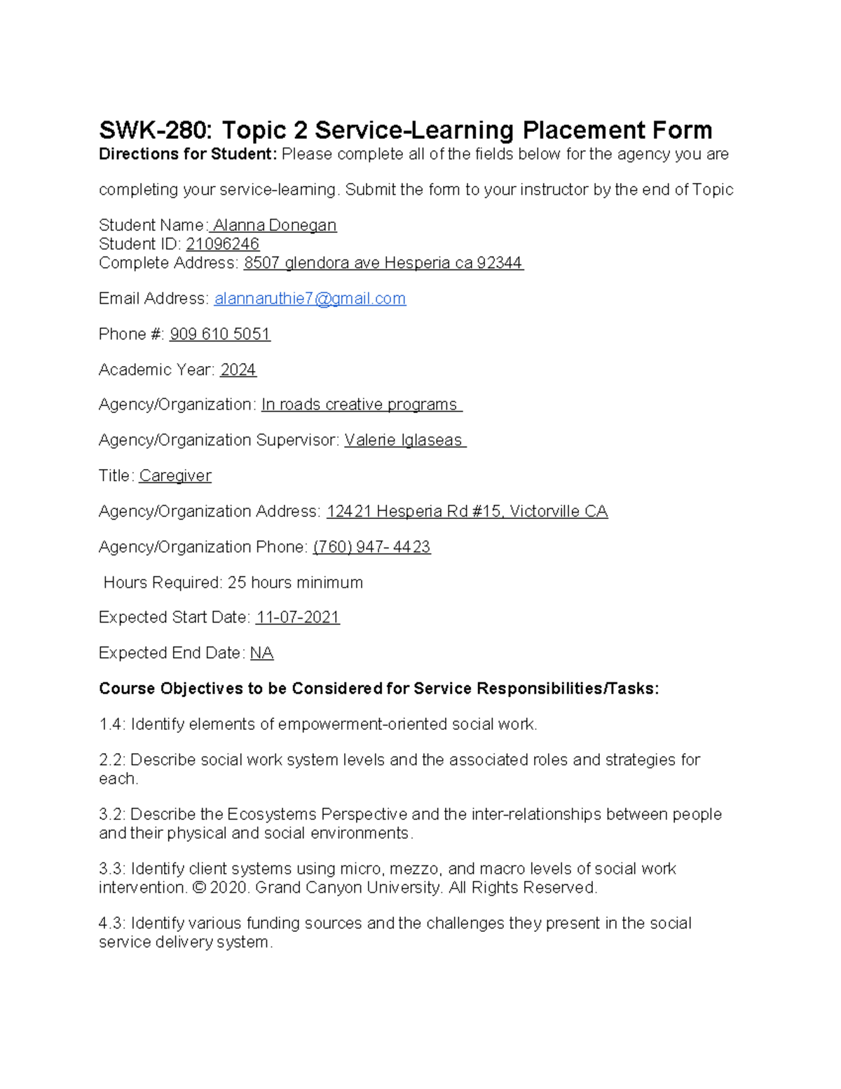 Topic 2 - SWK-280: Topic 2 Service-Learning Placement Form Directions ...