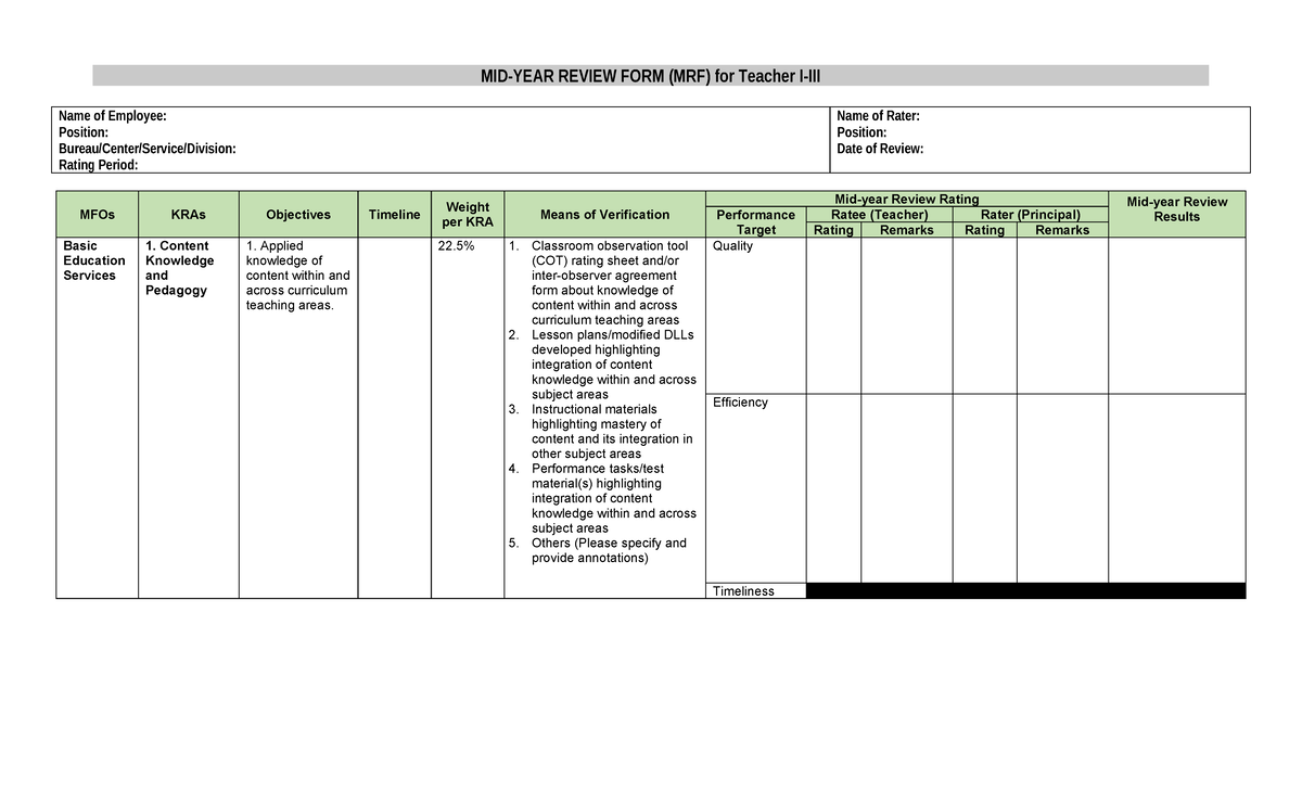 Appendix E.1 MRF T1-3 - nothing - MID-YEAR REVIEW FORM (MRF) for Teacher I-III Name of Employee ...